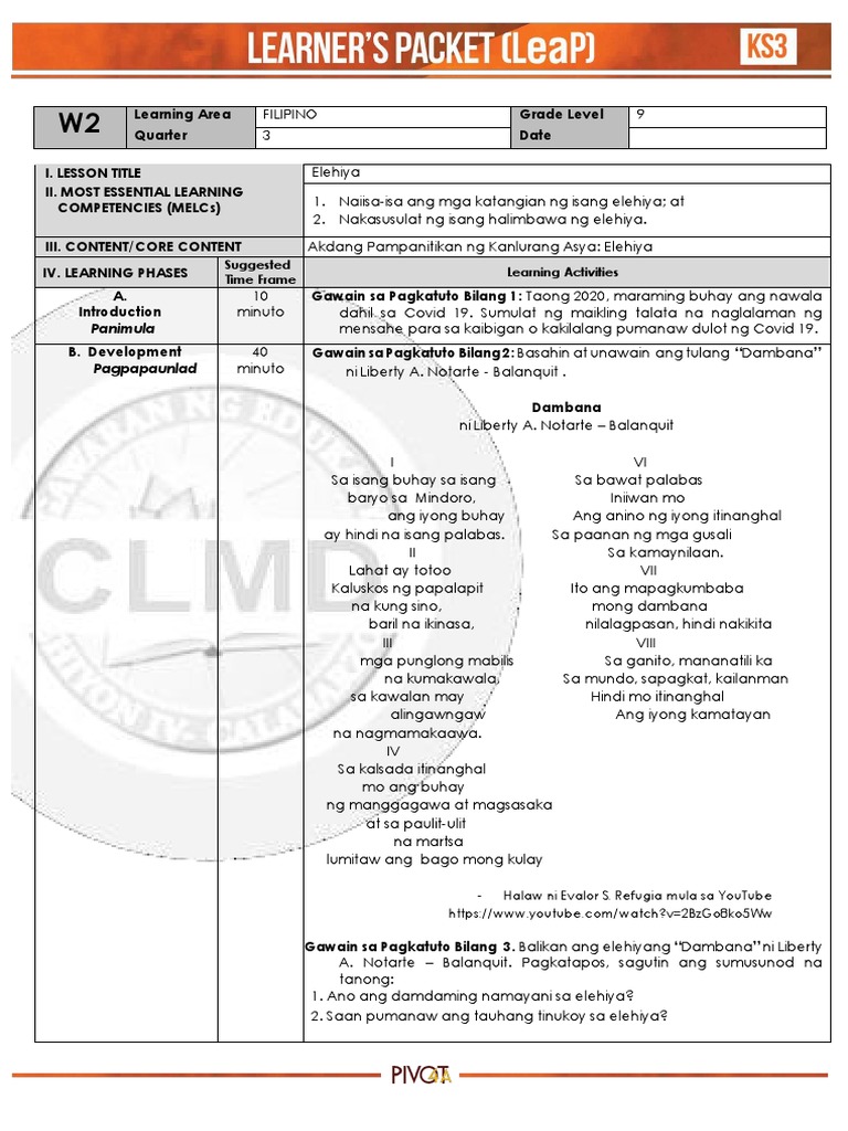 LeaP Filipino G9 Week 2 Q3 | PDF