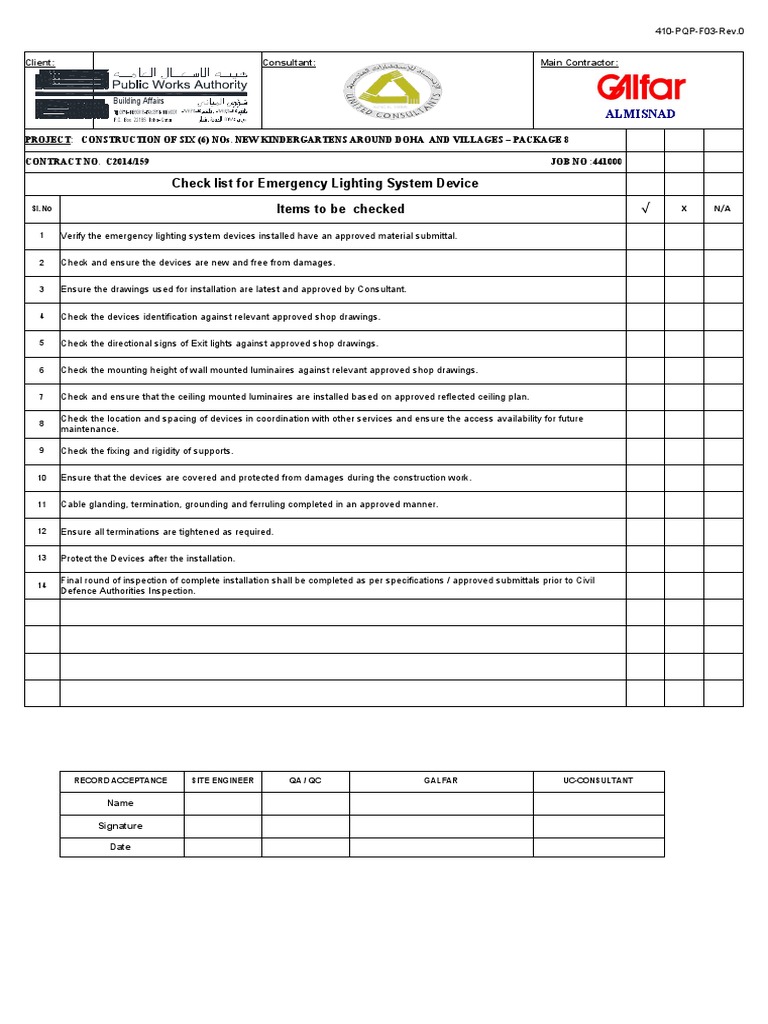 Checklist For Emergency Lighting | PDF | Civil Engineering | Engineering