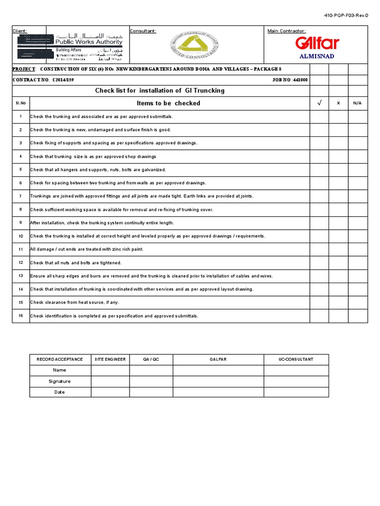Checklist for Installation of GI Trunking for Six New Kindergartens ...
