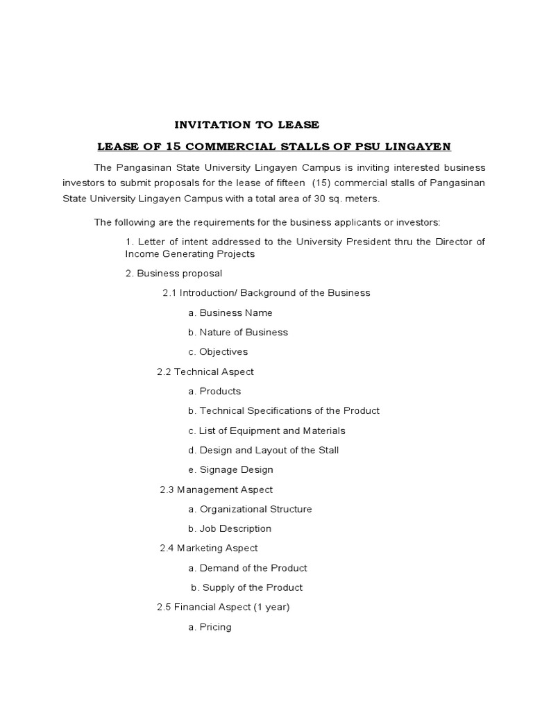 Invitation To Lease Lease of 15 Commercial Stalls of Psu Lingayen | PDF ...