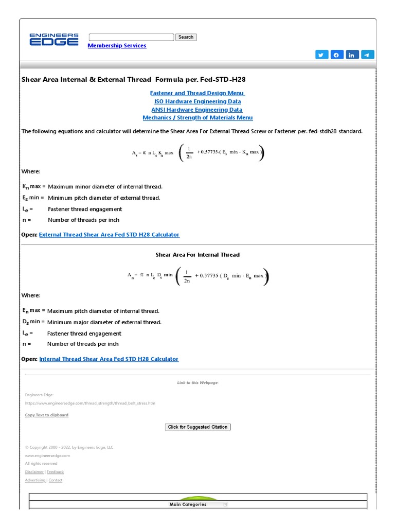 Shear Area Internal and External Thread Formula Per. Fed-STD-H28 | PDF ...