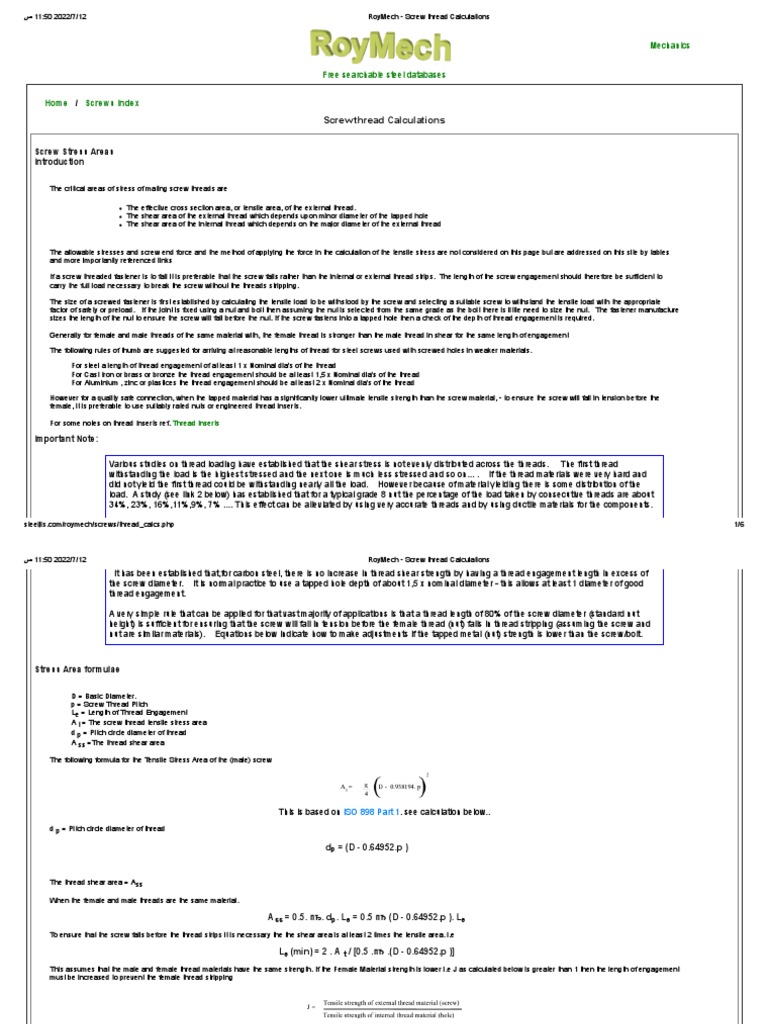 RoyMech - Screw Thread Calculations | PDF | Screw | Strength Of Materials