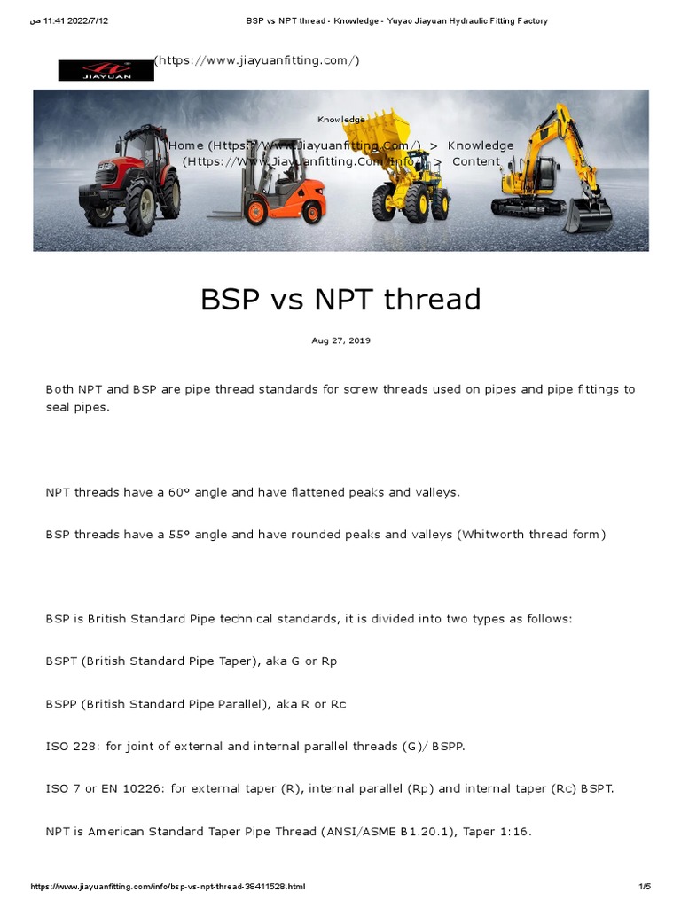 BSP Vs NPT Thread - Knowledge - Yuyao Jiayuan Hydraulic Fitting Factory ...