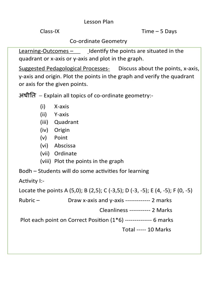 Lesson Plan Class 9 Co-Ordinate Geometry | PDF | Cartesian Coordinate ...