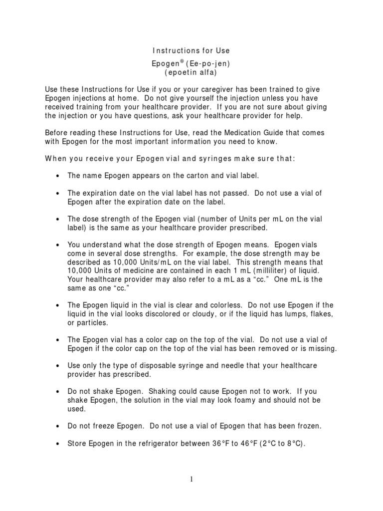 Instructions For Use Epogen (Ee-Po-Jen) (Epoetin Alfa) | PDF | Syringe ...