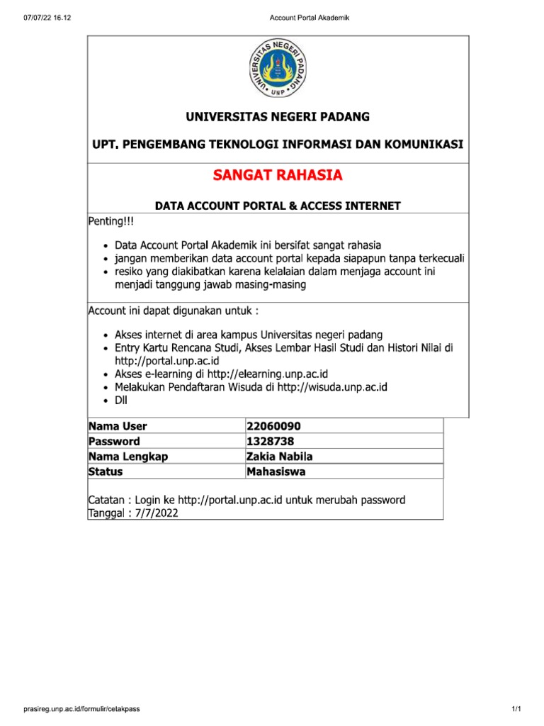 Akun Portal UNP Zakia | PDF
