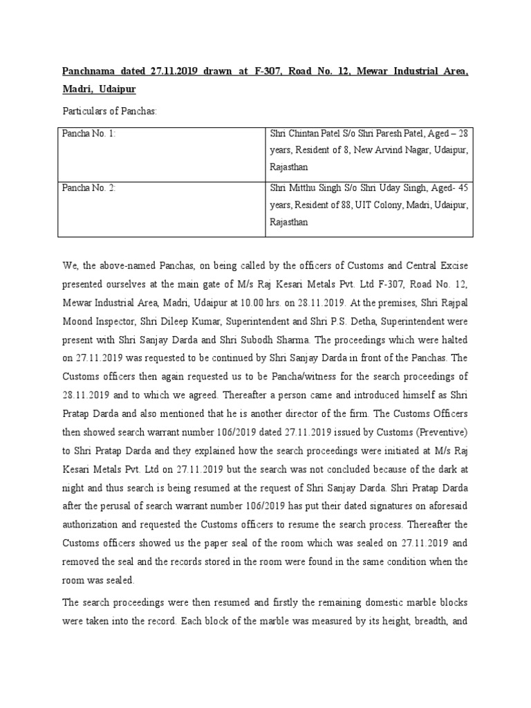 Panchnama Report - Raj Kesari Metals | PDF