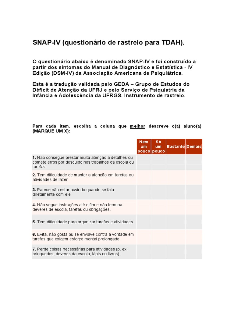 Questionario SNAP IV | PDF