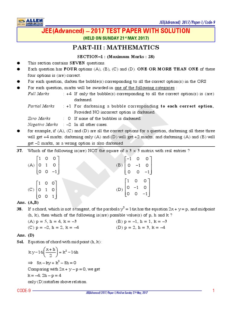 Allen-Kota-Maths-IIT JEE 2017 ADVANCED-With-Solution-Paper-I-Code-9 ...