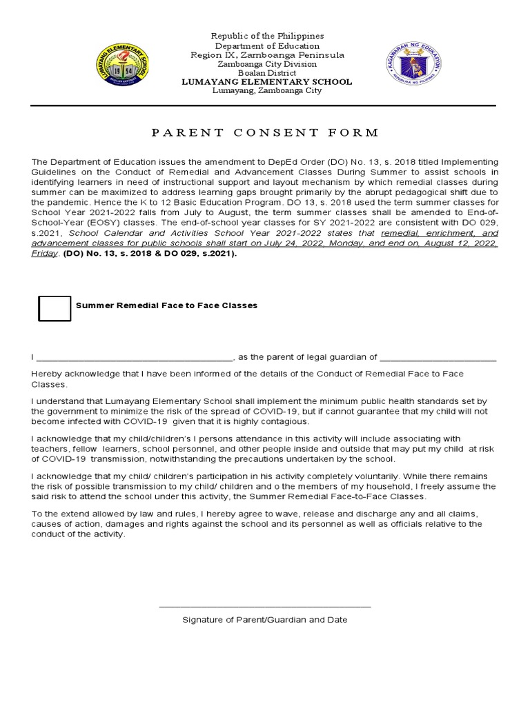Parent Consent for Summer Remedial Classes | PDF