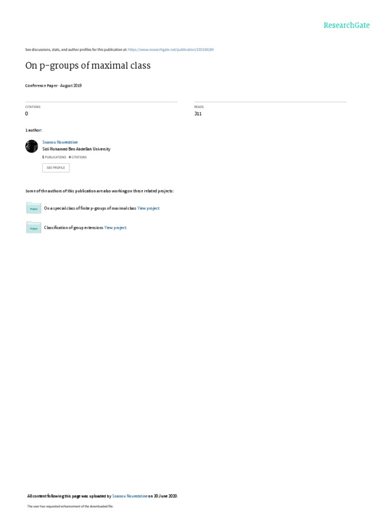 On P-Groups of Maximal Class: August 2019 | PDF | Index Of A Subgroup | Group (Mathematics)
