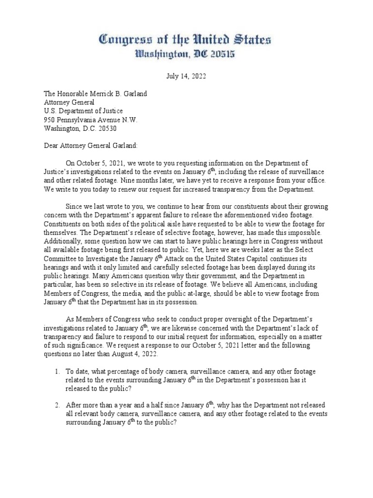 07-14-22_Follow Up Letter to DOJ on Jan 6_FINAL | PDF | Merrick Garland ...