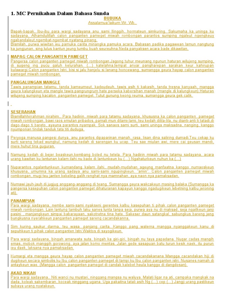 Teks MC Nikah Basa Sunda | PDF | Seni & Disiplin Bahasa | Kajian Bahasa Asing