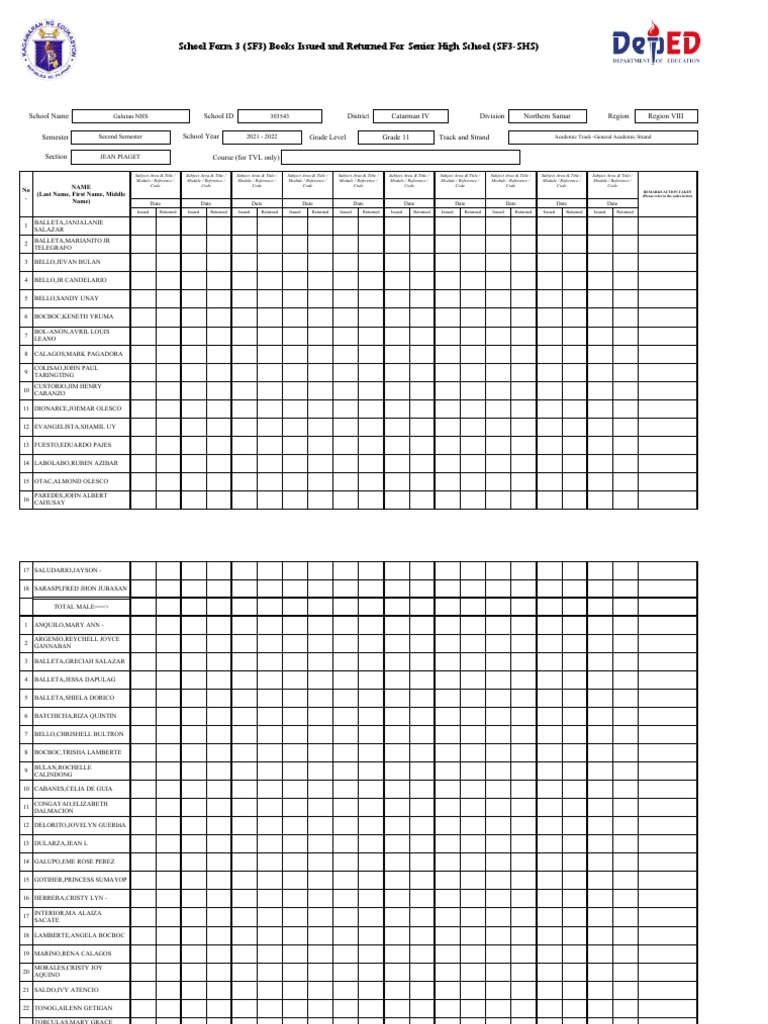 School Form 3 (SF3) Books Issued and Returned For Senior High School ...