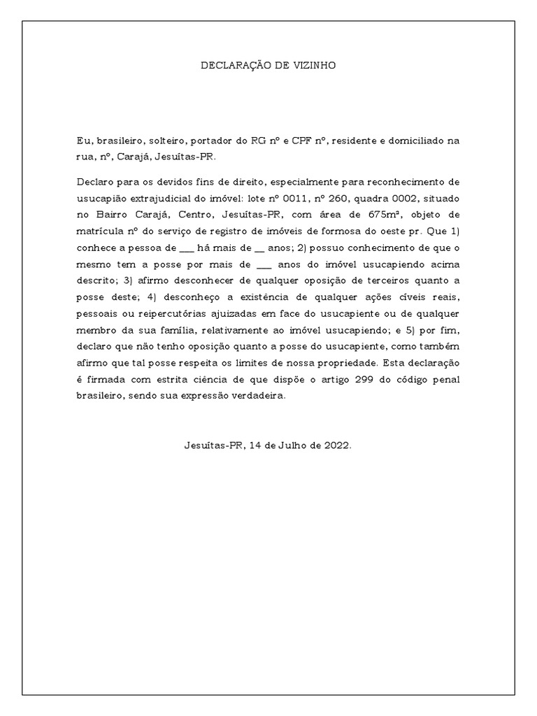 DECLARAÇÃO DE VIZINHO | PDF DECLARAÇÃO DE VIZINHO | PDF