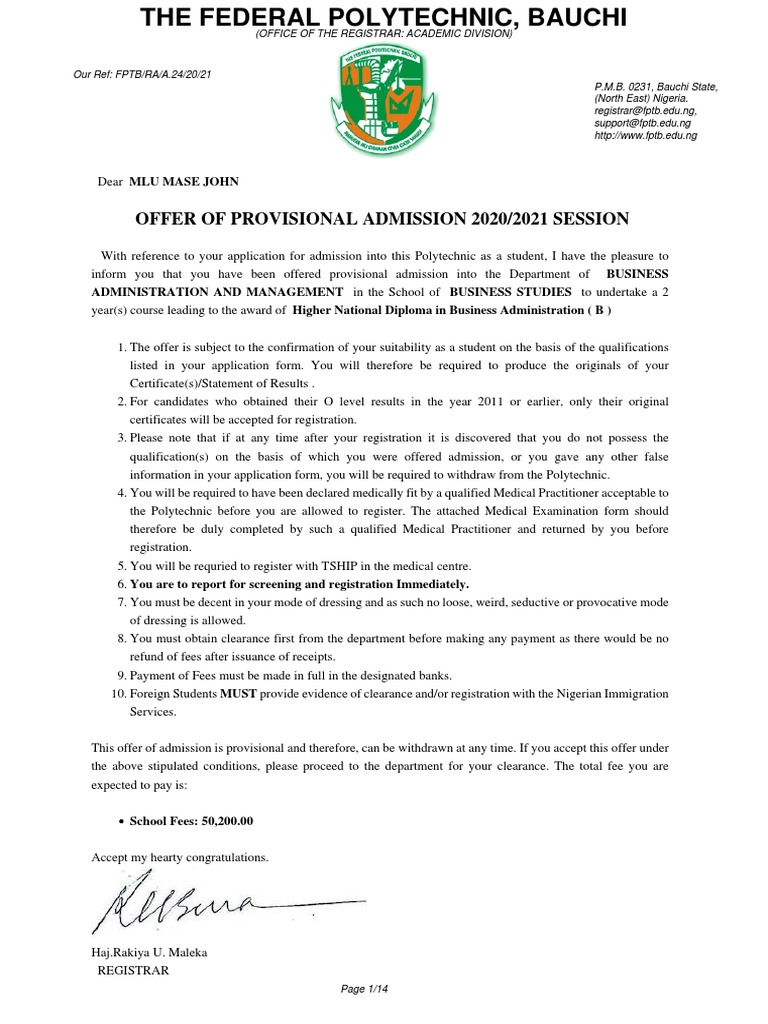 Offer of Provisional Admission 2020/2021 Session | PDF | University And ...