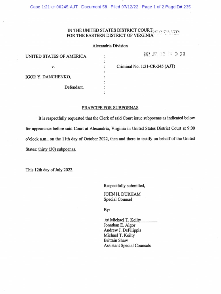 United States vs. Danchenko | PDF | United States District Court | Subpoena
