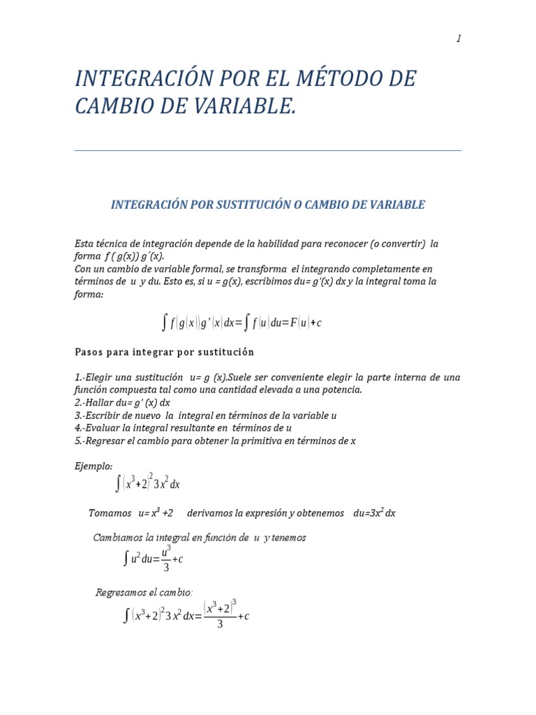 INTEGRACIÓN POR CAMBIO DE VARIABLE | PDF | Integral | Cálculo