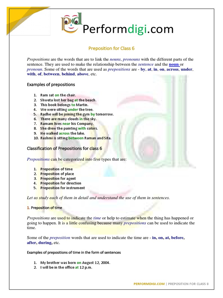 Preposition or Preposition Exercise For Class 6 | PDF | Preposition And Postposition | Word