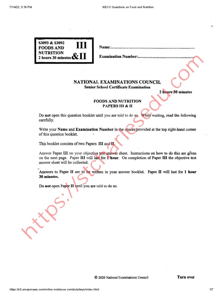 NECO Past Questions On Food and Nutrition | Download Free PDF ...