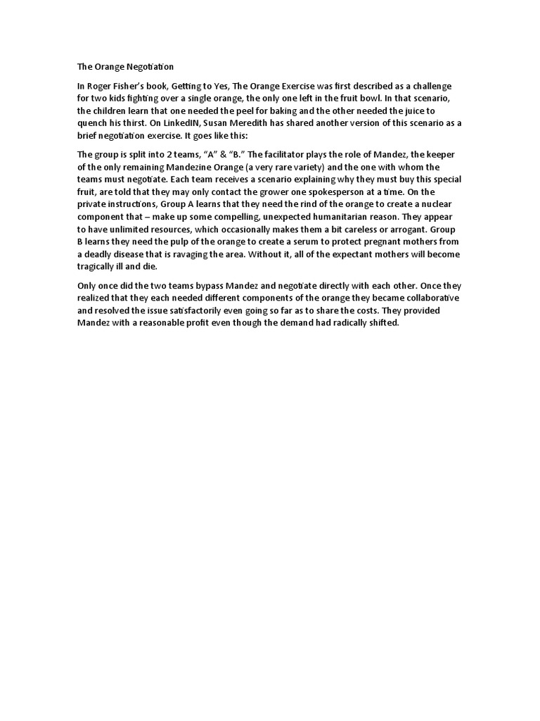 Orange Negotiation Exercise Overview | PDF | Home & Garden | Wellness
