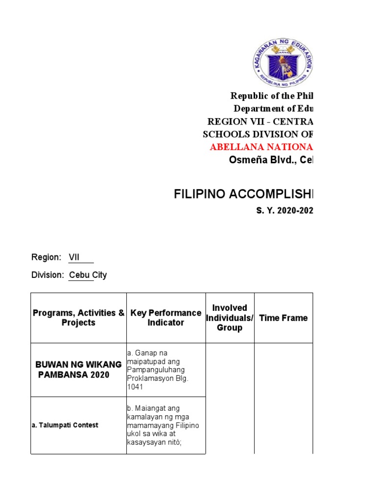 Filipino Accomplishment Report | PDF Filipino Accomplishment Report | PDF