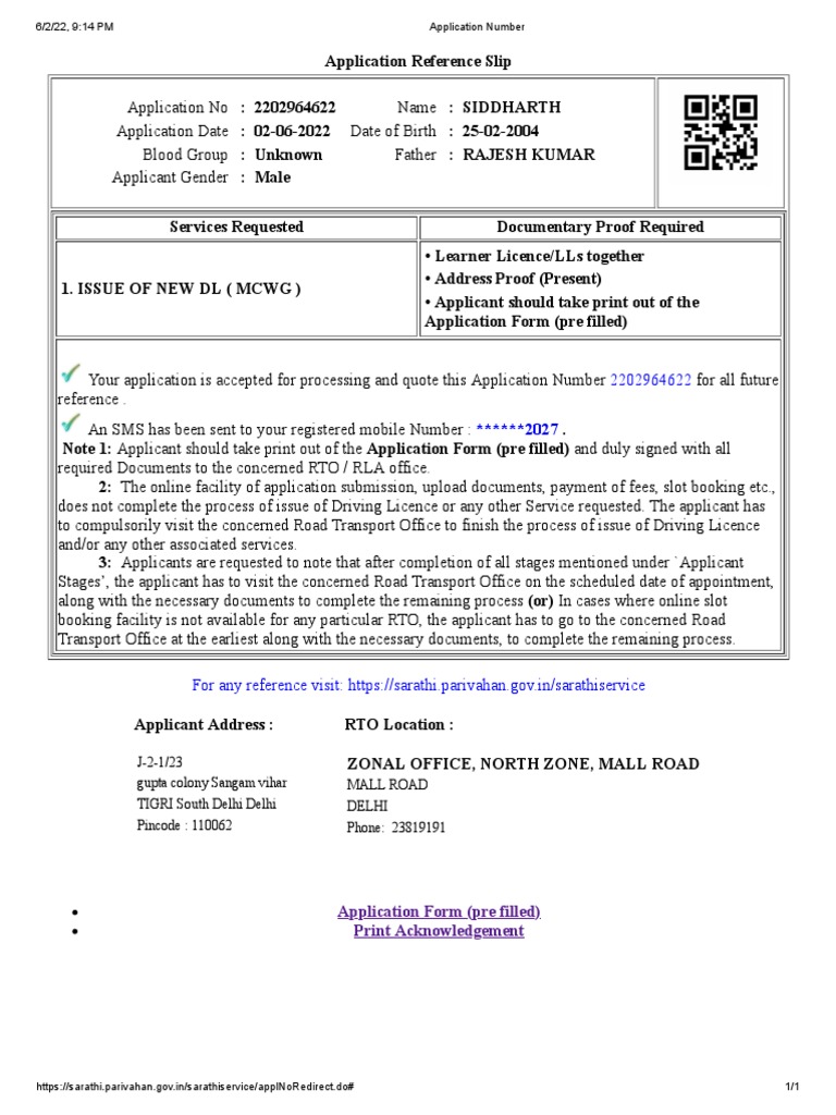 Application Form (Pre Filled) Print Acknowledgement | PDF | Service ...