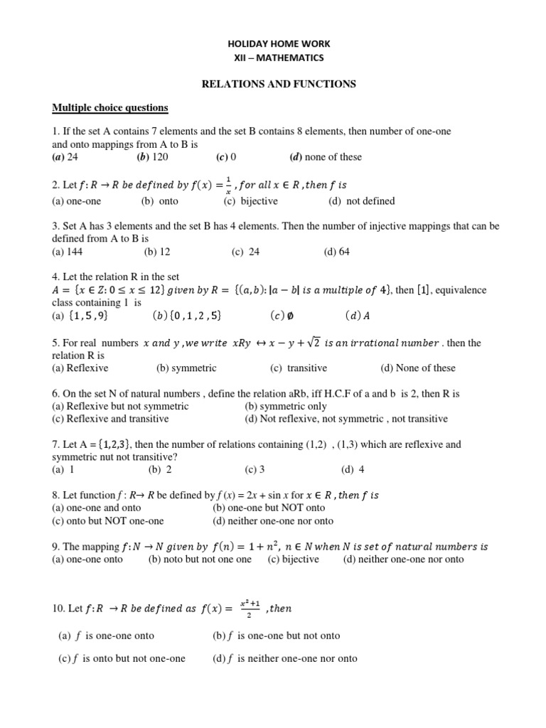 Holiday Home Work Xii - Mathematics Relations and Functions Multiple ...