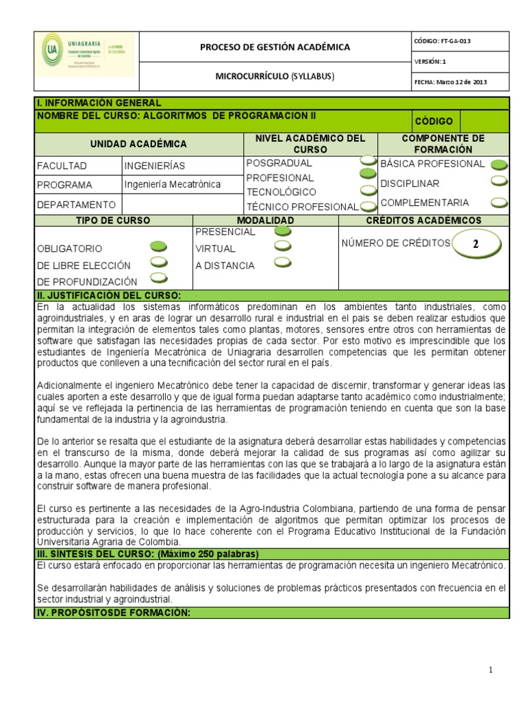 Microcurriculo Algoritmos y Programacion II | PDF | Programación orientada a objetos | Objeto ...