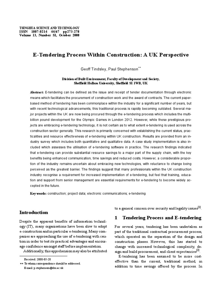 E-Tendering Tendering Process Within Construction: A UK Perspective ...