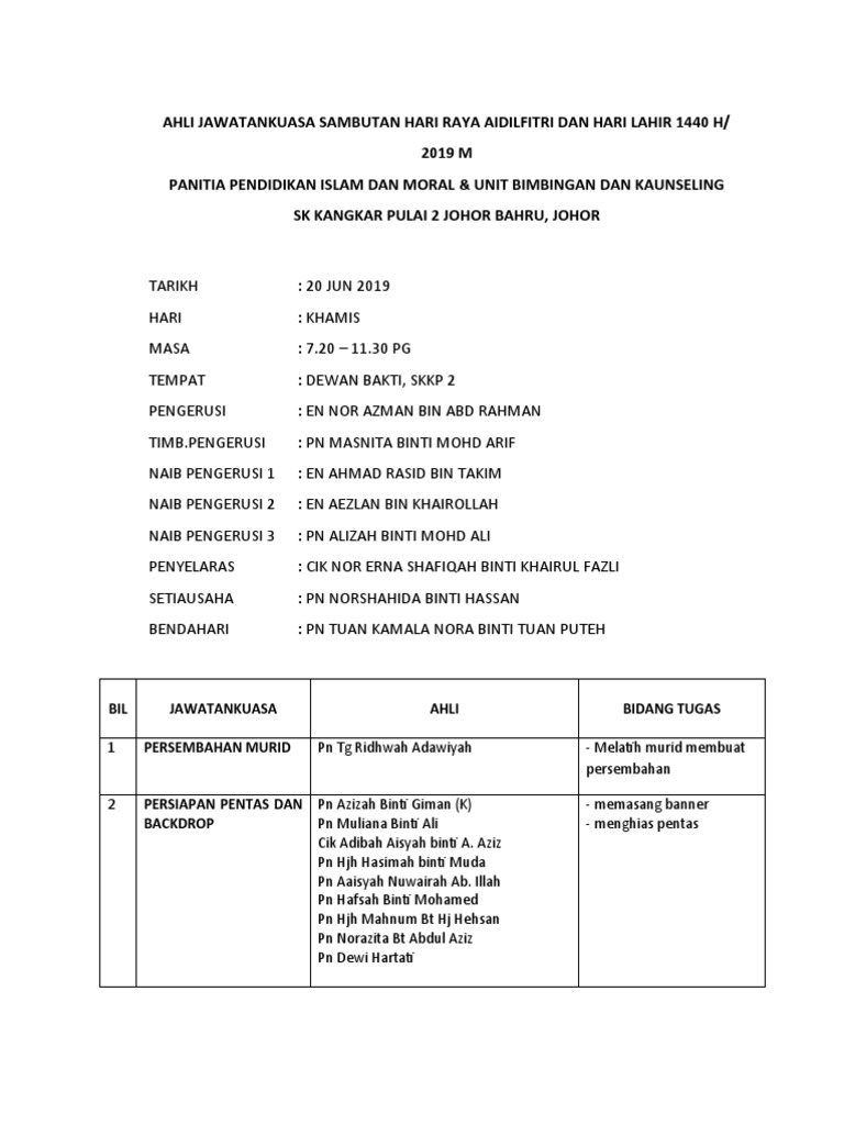 Tentatif Dan Ajk Sambutan Hari Raya Aidilfitri Dan Hari Lahir | PDF
