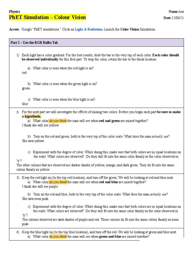 2 - PhET Simulation - Color Vision | PDF | Color | Optical Filter
