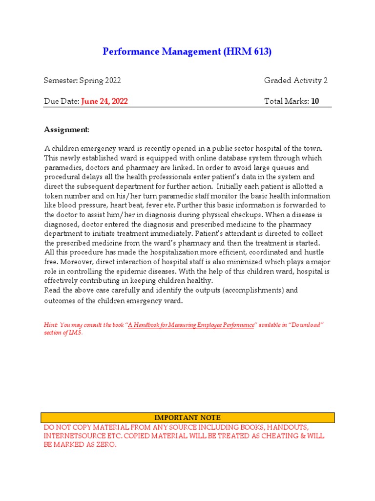 Performance Management (HRM 613) : Semester: Spring 2022 Graded Activity 2 Due Date: Total Marks ...