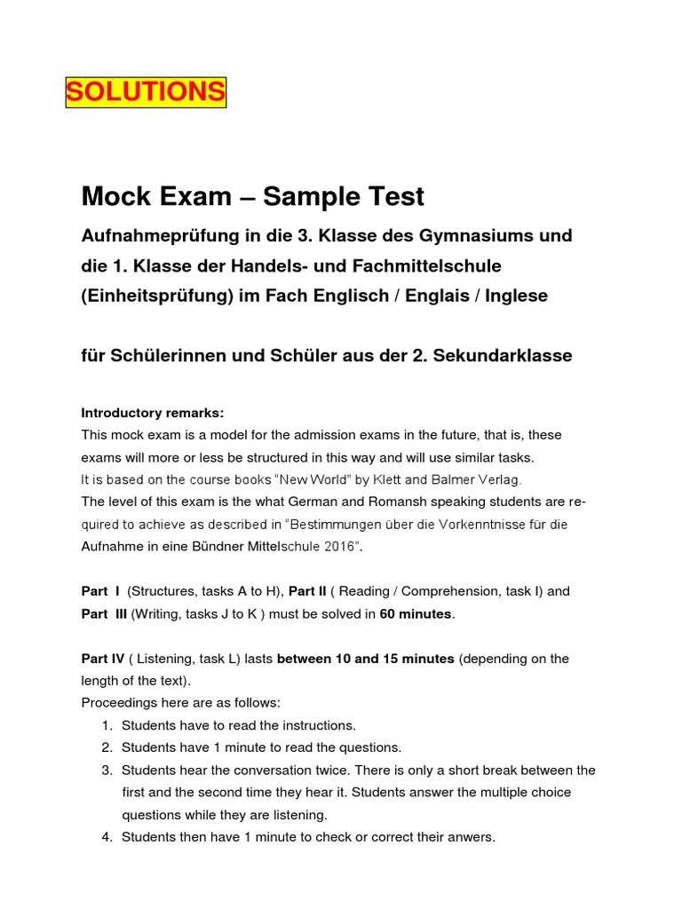Mock Exam - Sample Test: Solutions | PDF | First Transcontinental ...
