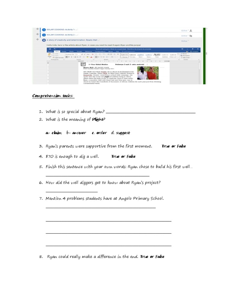 Comprehension Tasks Ryan's Well | PDF | Human Communication | Cognitive ...