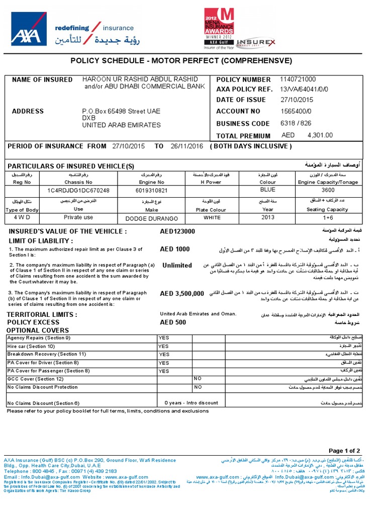 Policy Schedule - Motor Perfect (Comprehensve) | PDF | Insurance ...