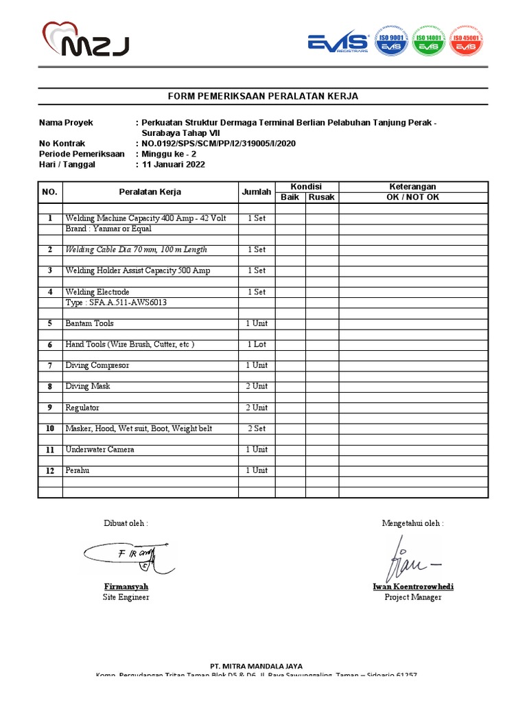 Formulir Ceklist Peralatan Kerja | PDF