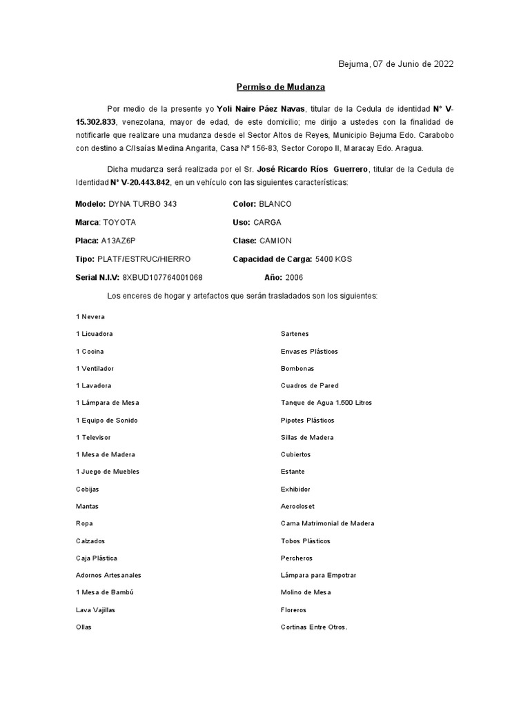 Permiso Mudanza | PDF