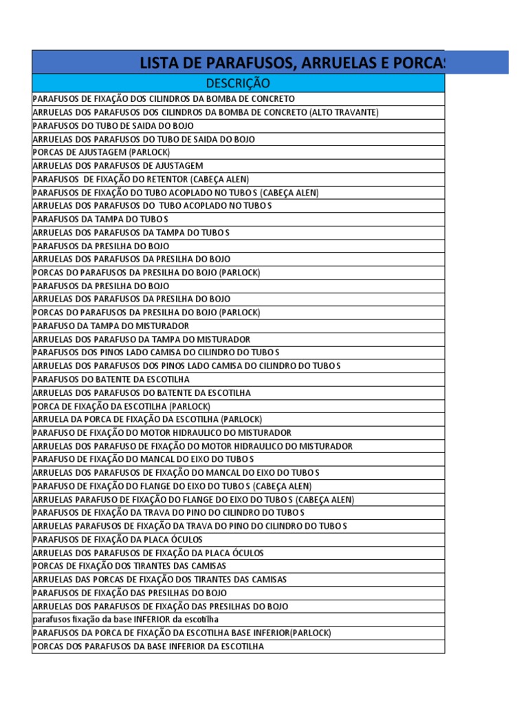 Lista de Parafusos | PDF | Parafuso | Metalurgia