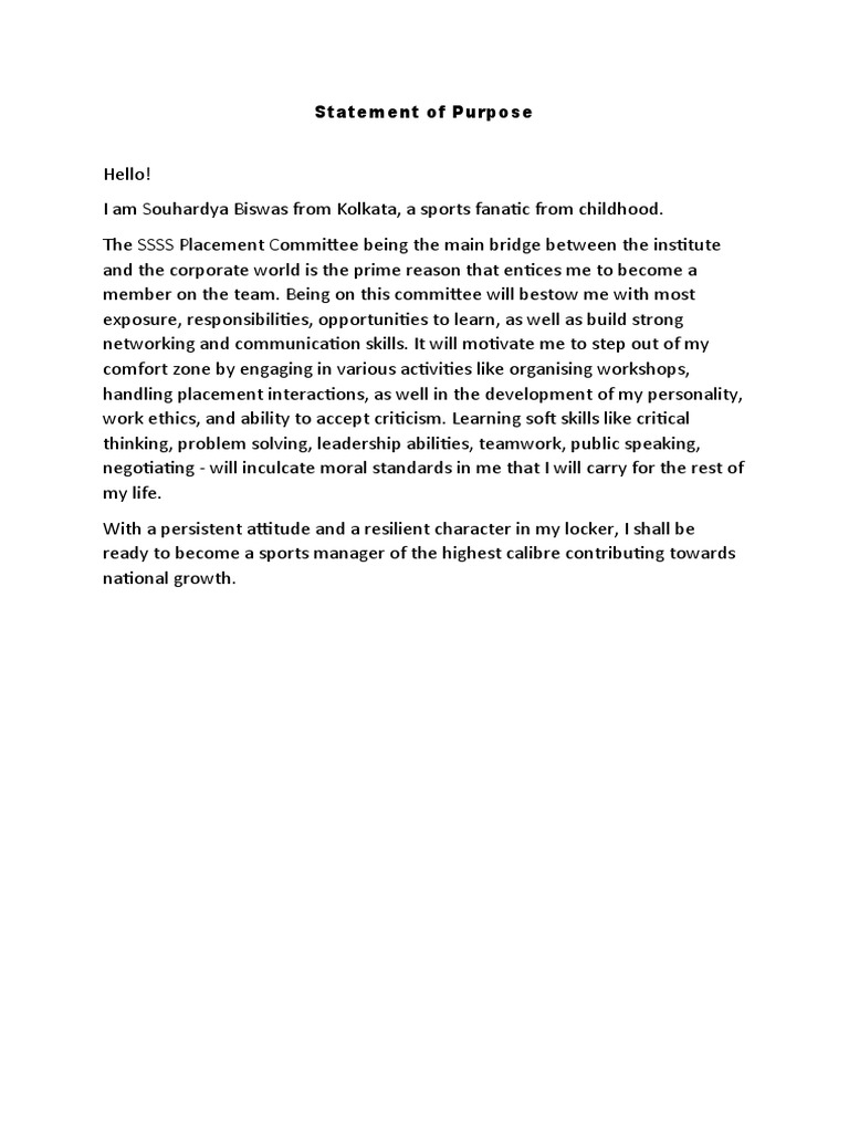 Statement of Purpose For Placement Committee | PDF