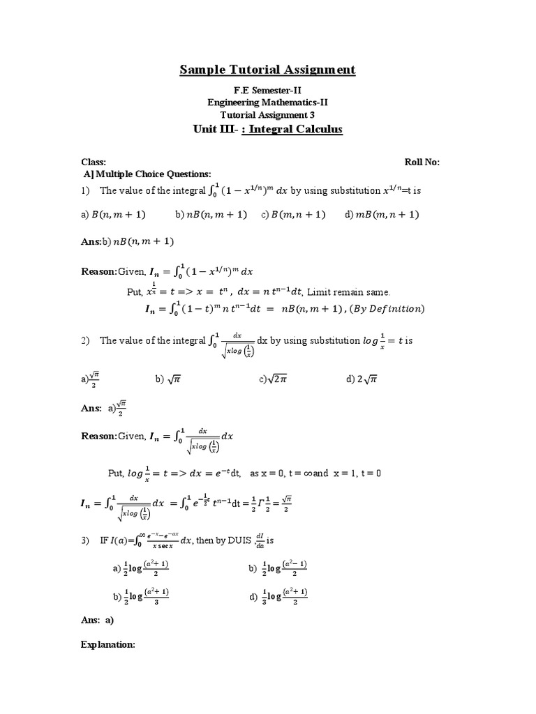 Integral Calculus Tutorial Assignment 3 | PDF | Mathematics ...