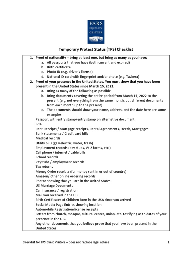 TPS Checklist English | PDF | Government And Personhood