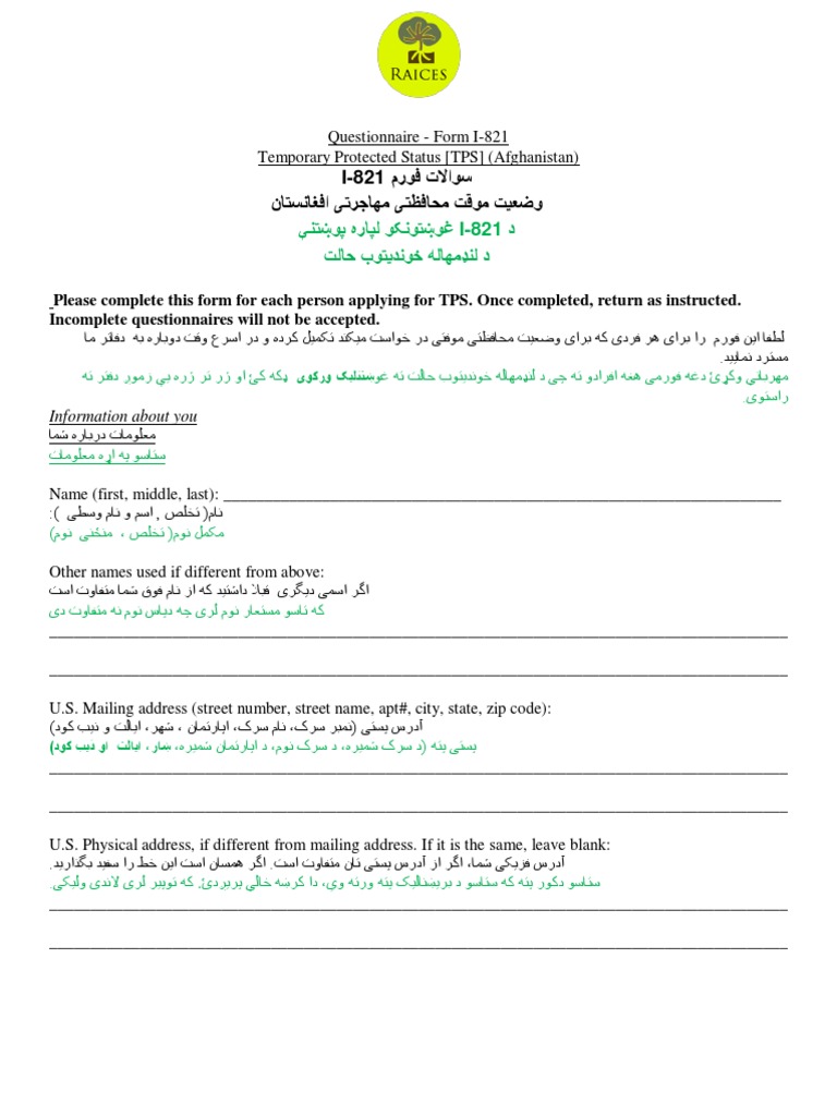 Questionnaire - Form I-821 All Languages | PDF