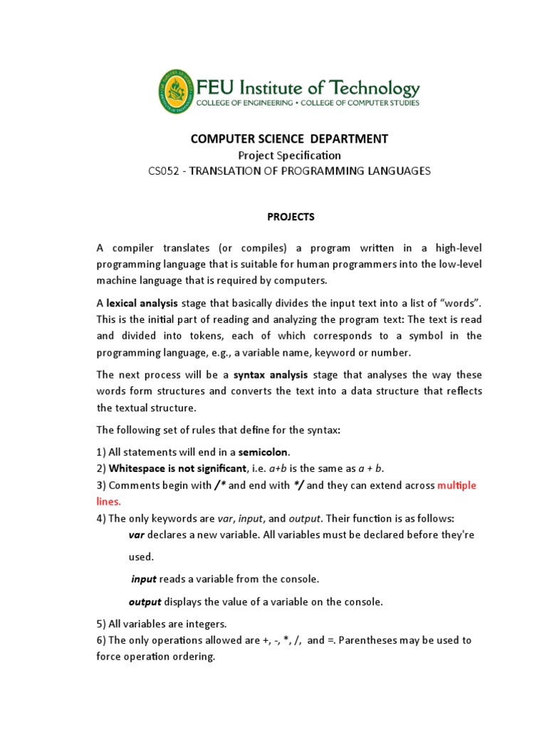 Computer Science Department: Project Specification Cs052 - Translation of Programming Languages ...