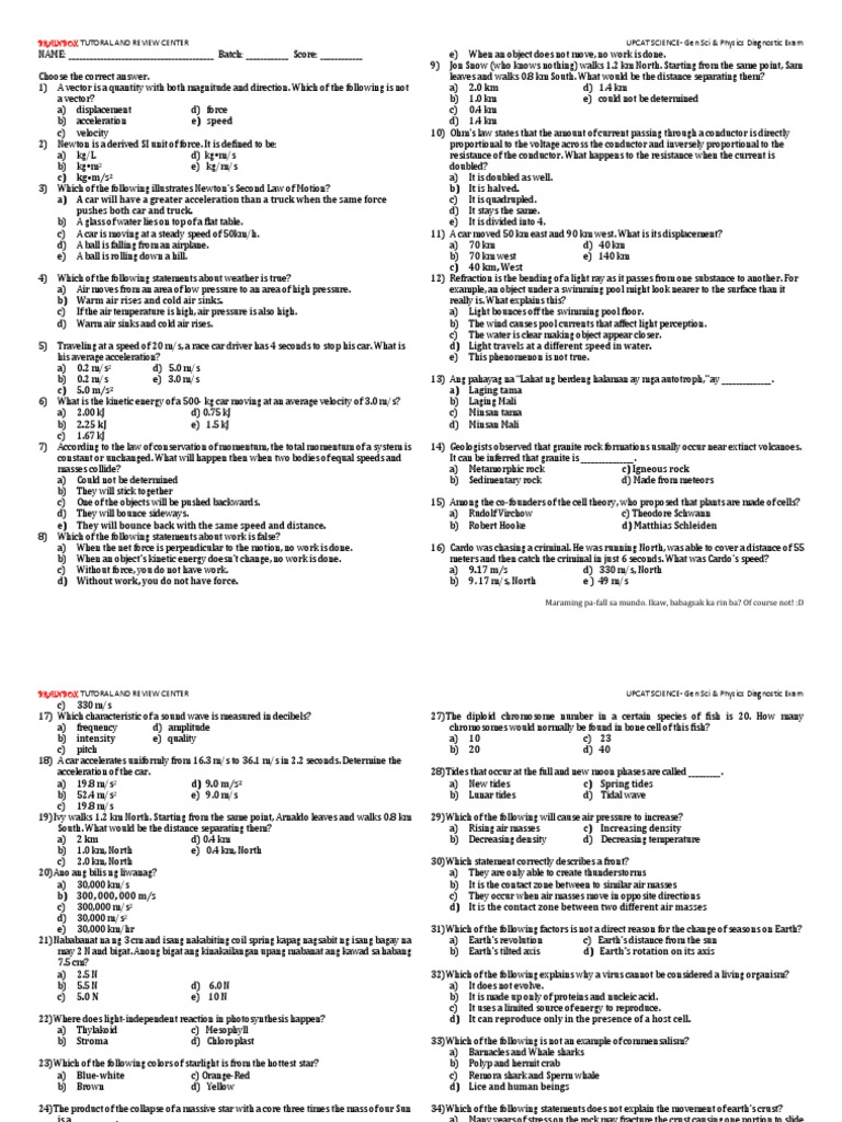 UPCAT General Science and Physics With Answers | PDF | Force | Tide