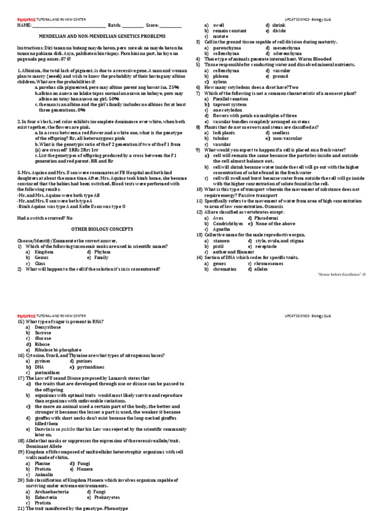 UPCAT Biology Quiz and Review | PDF | Dominance (Genetics) | Allele