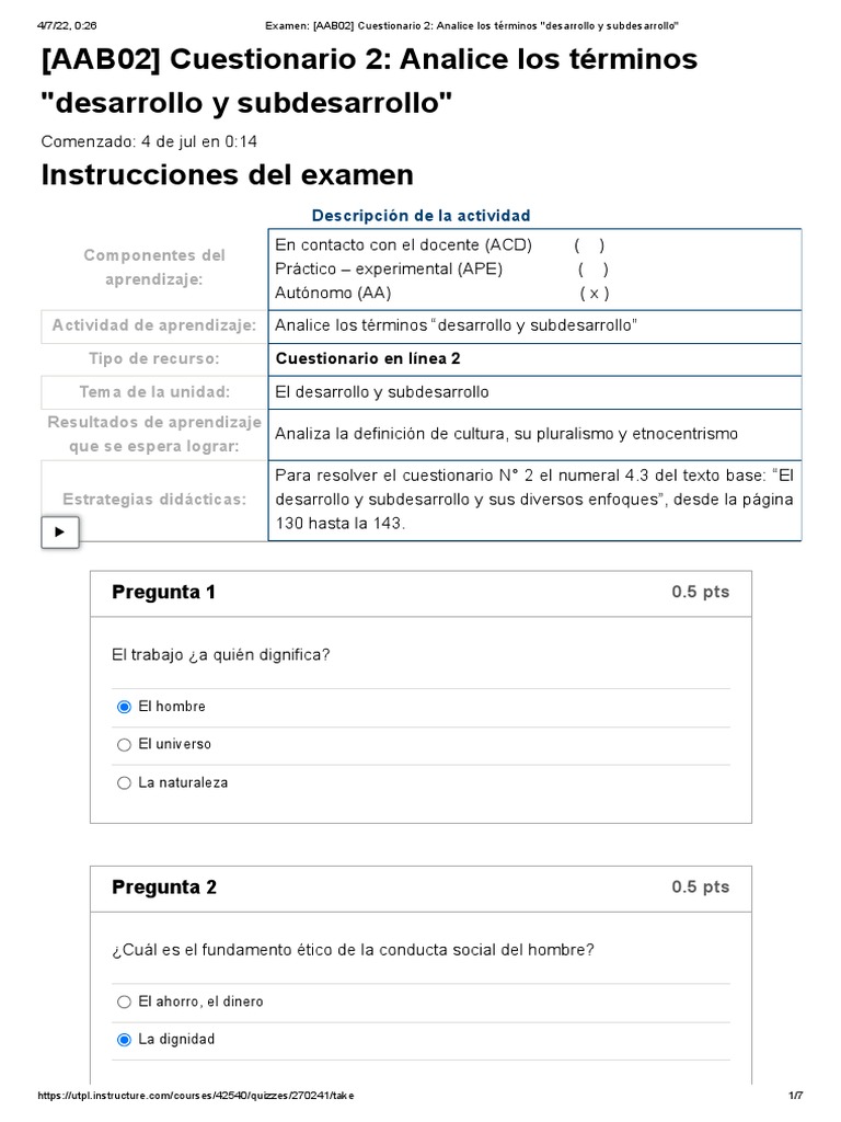 Examen - (AAB02) Cuestionario 2 - Analice Los Términos - Desarrollo y Subdesarrollo | PDF ...