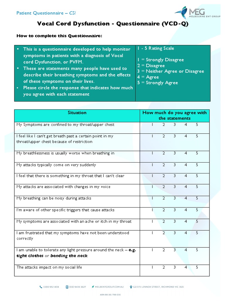 Vocal Cord Dysfunction - Questionnaire (VCD-Q) | PDF | Epidemiology ...