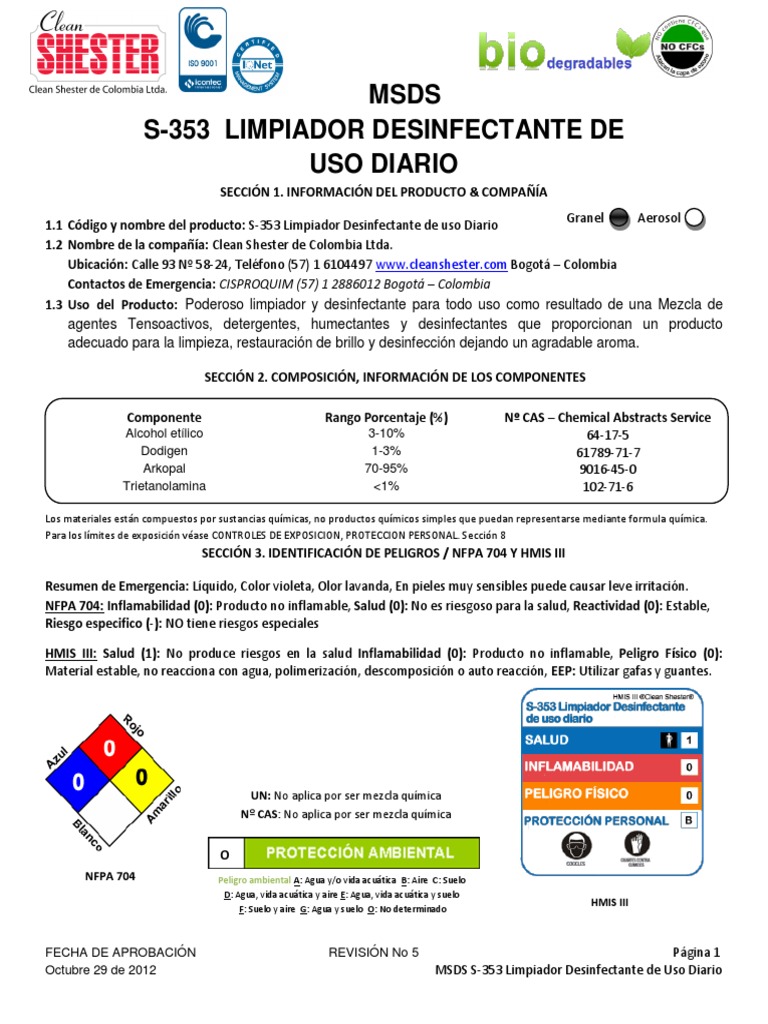 MSDS Limpiador Desinfectante S-353 | PDF | Residuos | Agua