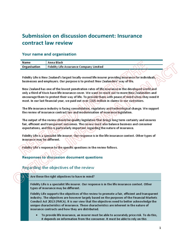 Submission On Discussion Document: Insurance Contract Law Review | PDF ...
